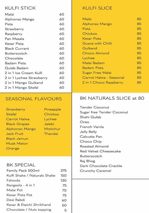 Menu of Bombay Kulfi, Satellite, Ahmedabad