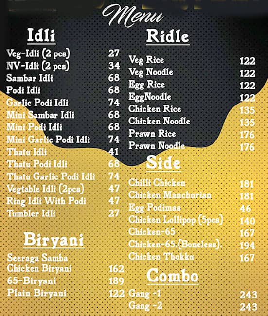 Menu of 90's Idli & Biryani, Ramapuram, Chennai