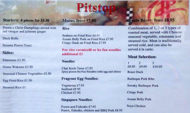 Menu at Pit Stop restaurant, London, 156 Kentish Town Road