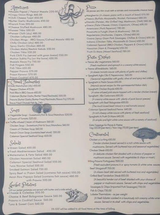 Menu of Calamari Bathe & Binge, Candolim, Goa
