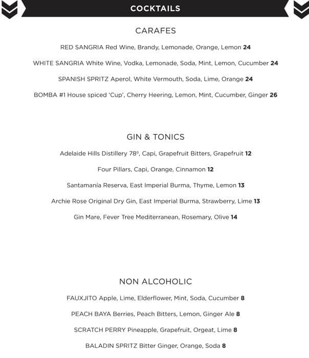 Menu at Bombabar, Melbourne, 103 Lonsdale St