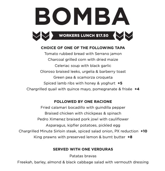 Menu at Bombabar, Melbourne, 103 Lonsdale St