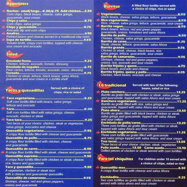 Menu at Ahora Mexican Restaurant, Ottawa