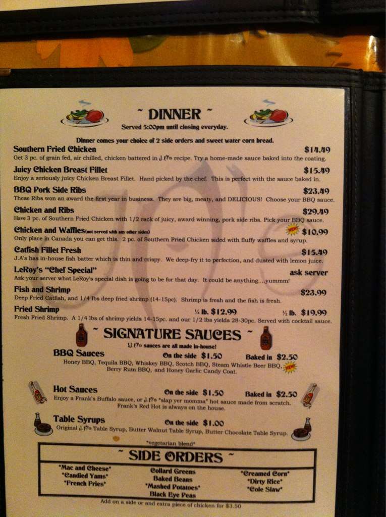 Menu at Jean Albert's Restaurant, Ottawa