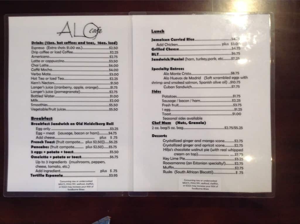 Menu at Alo Cafe, Scottsdale