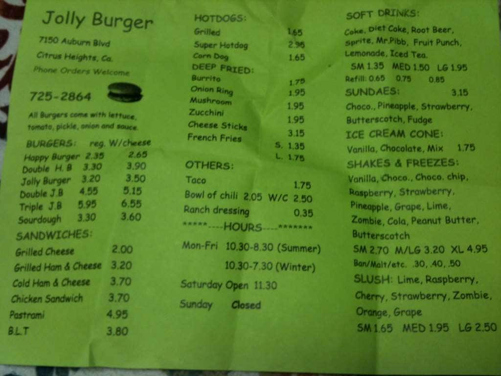 Menu at Jolly Burger fast food, Citrus Heights