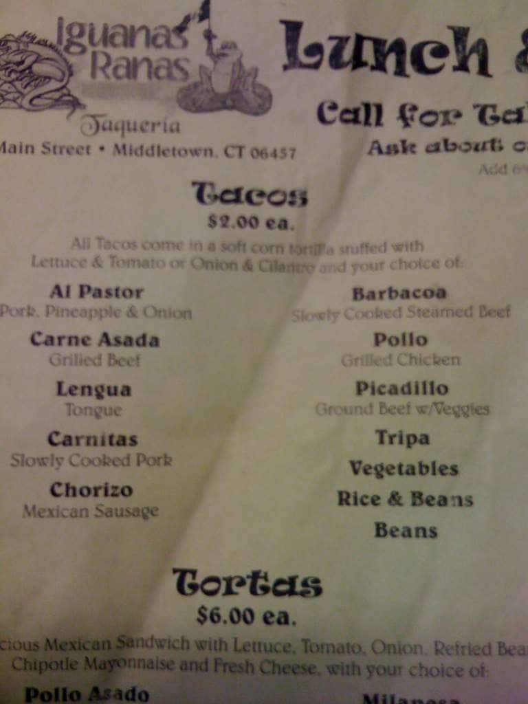 Menu at Iguanas Ranas Taqueria restaurant, Middletown, 484 Main St