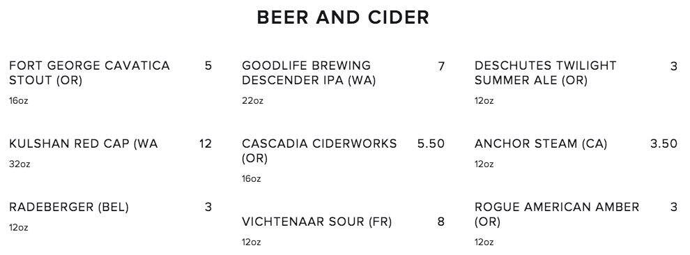 Menu at The Temple Bar, Bellingham