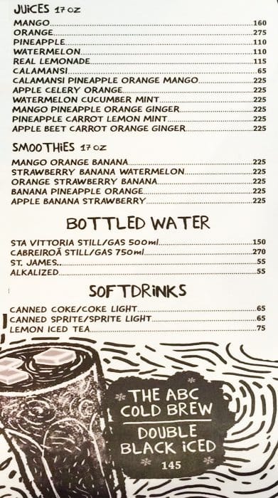 Menu at Abaca Baking Company restaurant, Cebu City, Crossroads