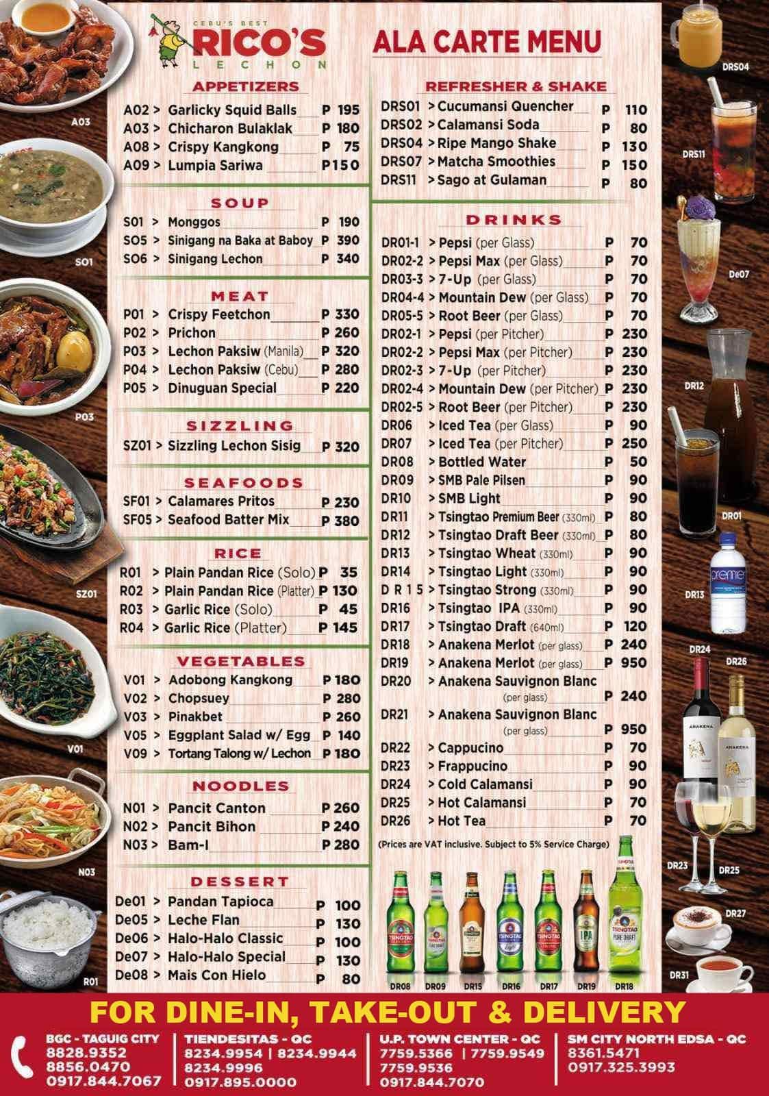 Menu at Rico's Lechon Bluebay restaurant, Pasay, 107 Diosdado Macapagal ...