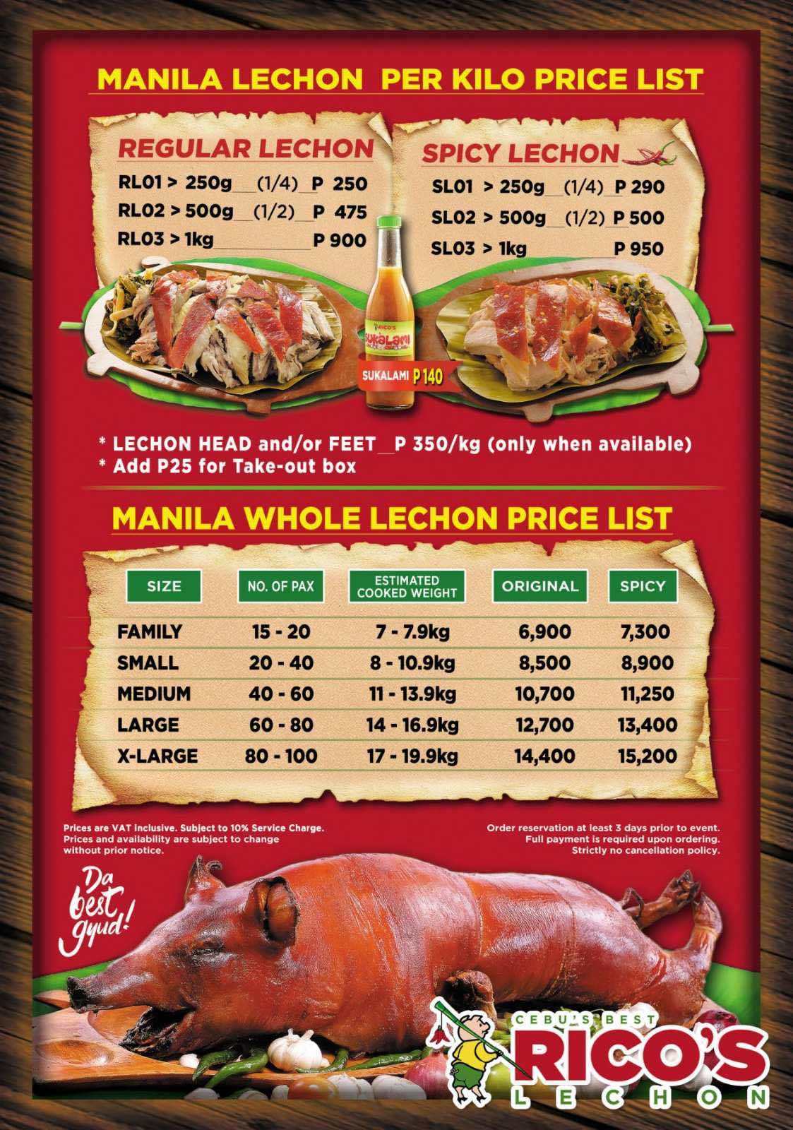 Carta del restaurante Rico's Lechon, Makati