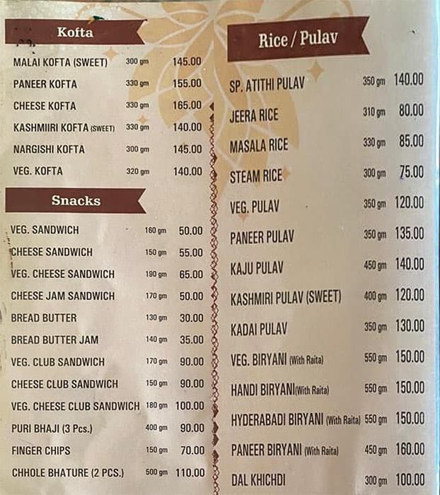 Menu of Atithi Restaurant, Vapi Locality, Vapi