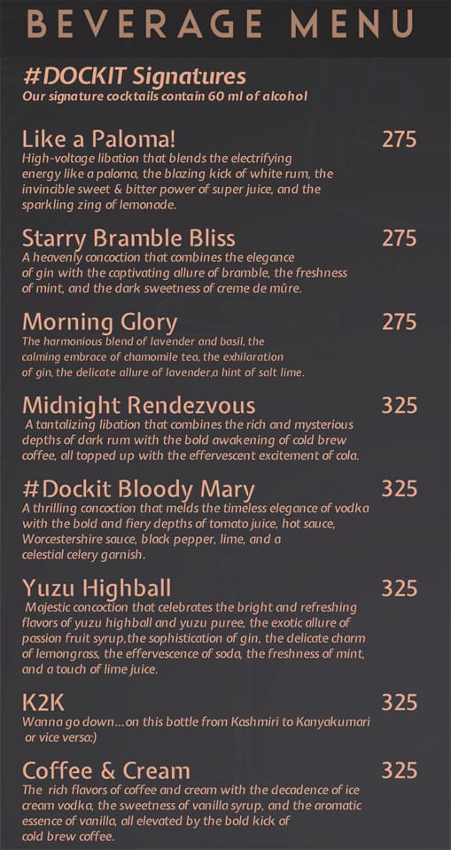 Menu of Dock 66, Whitefield, Bangalore