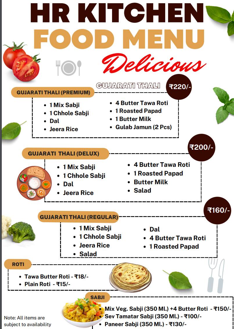 Menu of H R Kitchen, Chandkheda, Ahmedabad