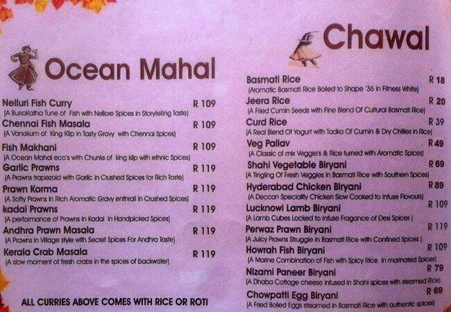 Menu au Tabla restaurant, Sandton