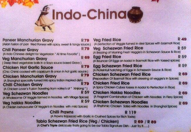 Menu au Tabla restaurant, Sandton