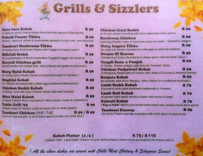 Menu at Tabla restaurant, Sandton