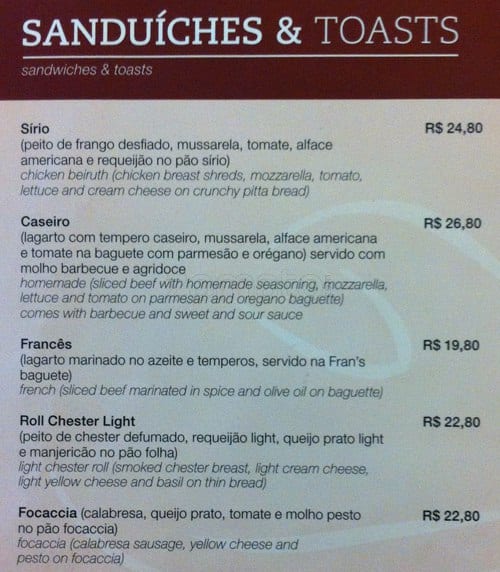 Menu at Fran's Café, Brasília, Área 6580