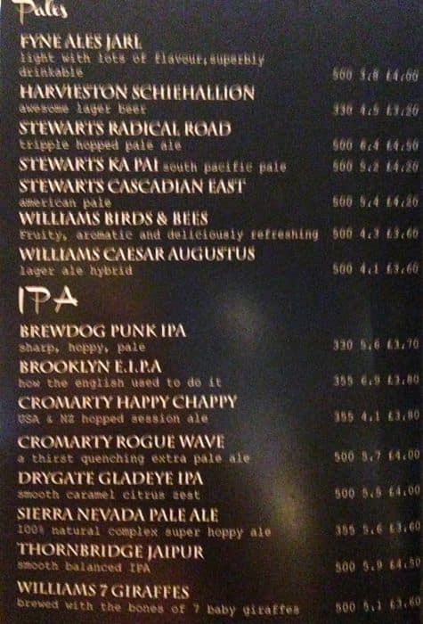 Menu at Brass Monkey Leith pub & bar, Edinburgh, 362 Leith Walk