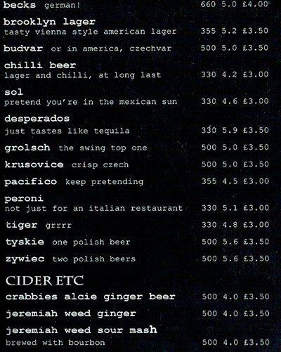 Menu at Brass Monkey Leith pub & bar, Edinburgh, 362 Leith Walk