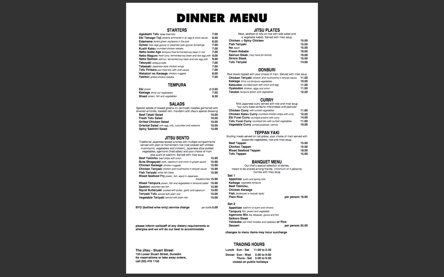 Menu at The Jitsu restaurant, Dunedin