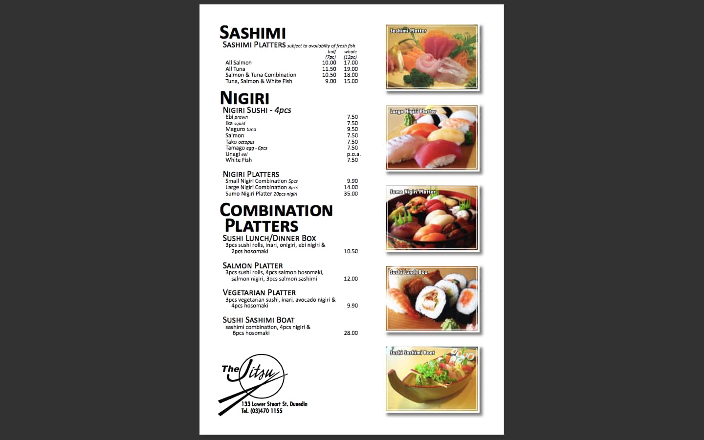 Menu at The Jitsu restaurant, Dunedin