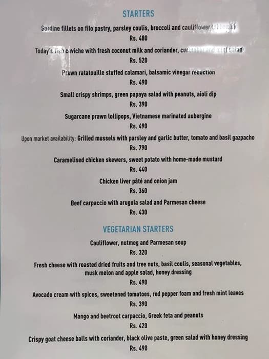 Menu of La Plage, Ashwem, Goa