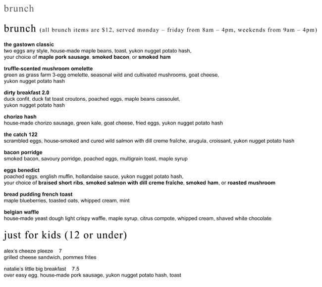 Menu at Catch 122 restaurant, Vancouver
