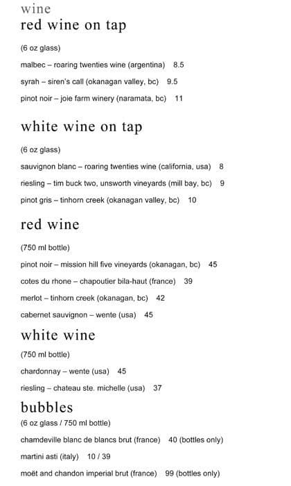 Menu at Catch 122 restaurant, Vancouver