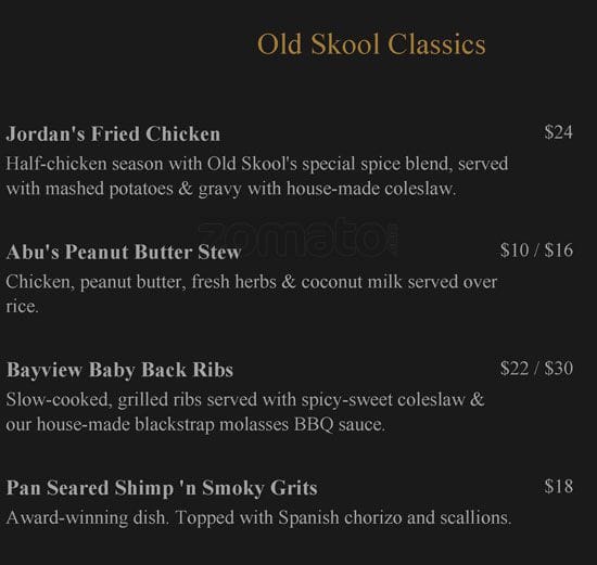 Menu at Old Skool Cafe, San Francisco