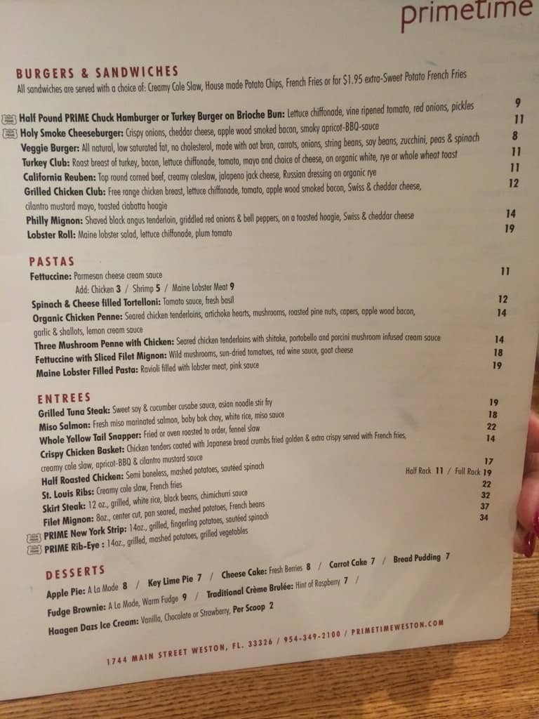 Menu at Primetime Restaurant & Bar, Weston