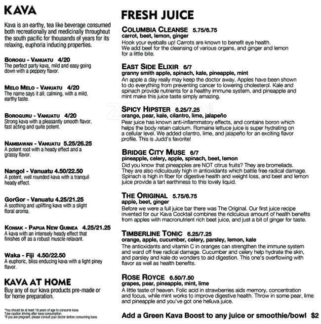 Menu at Bula Kava House pub & bar, Portland