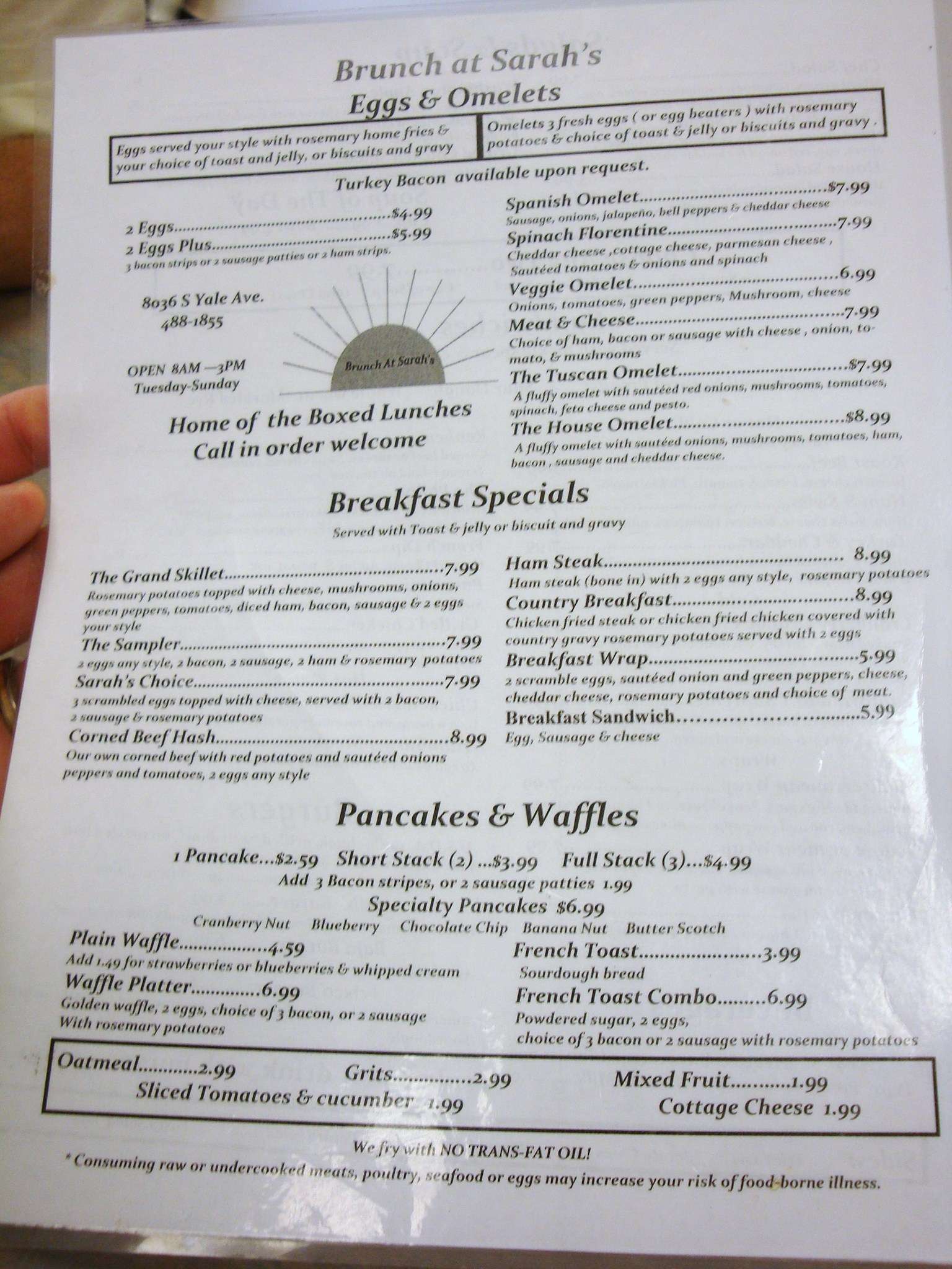 Menu at Brunch at Sarah's restaurant, Tulsa