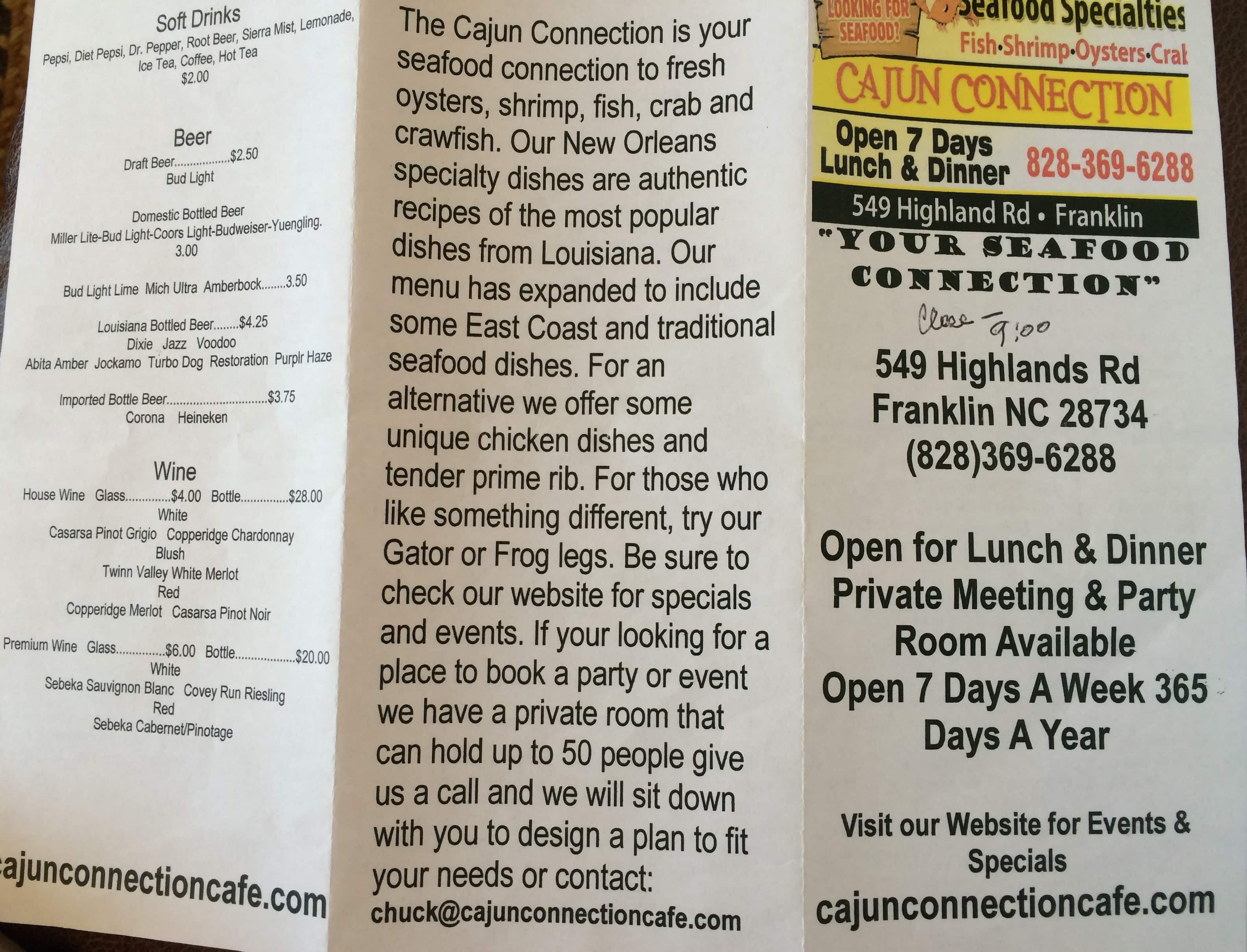 Menu at Cajun Connection Cafe, Franklin