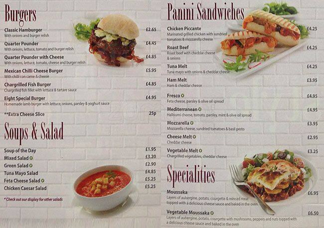 Menu at Eight cafe, Caterham