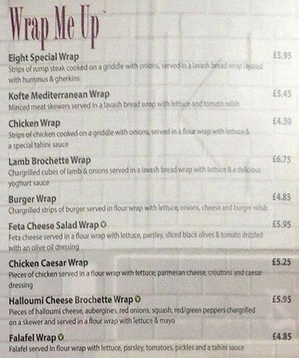 Menu at Eight cafe, Caterham