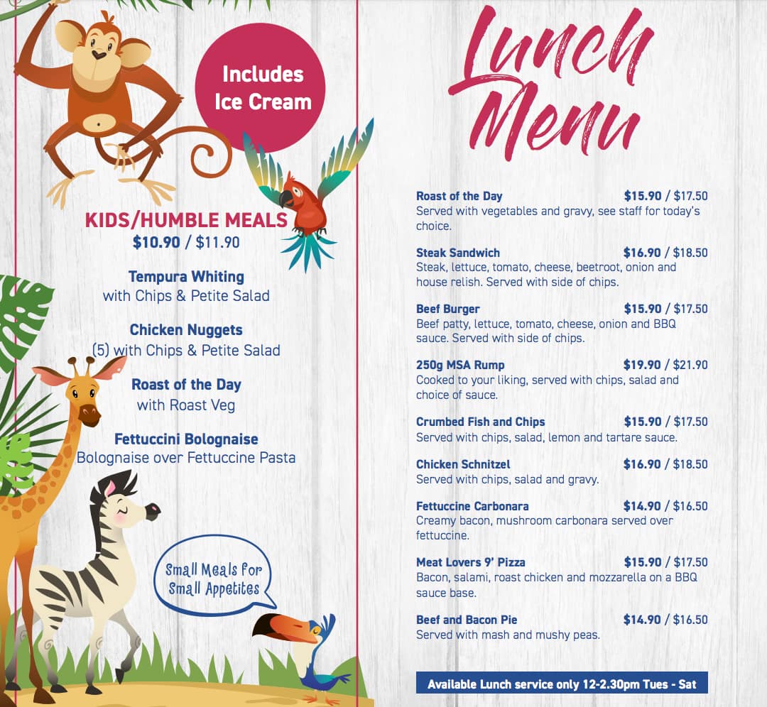 Menu at Caboolture RSL cafe, Caboolture