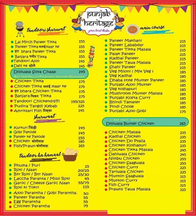 Menu of Punjab Heritage, Marol, Mumbai
