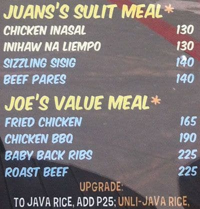 Menu at Juan and Joe restaurant, Taguig