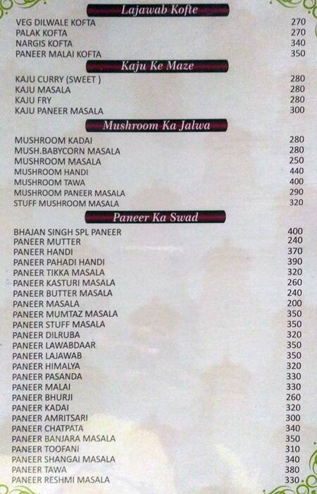 Menu at Bhajan Singh Da Dhaba, Pune, Toll Plaza