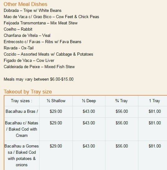 Menu at Farol Churrasqueira restaurant, Mississauga, Cawthra Rd