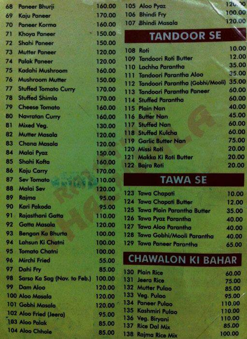 Menu at Thaliwala, Jaipur, Shiva's Royal Hotel