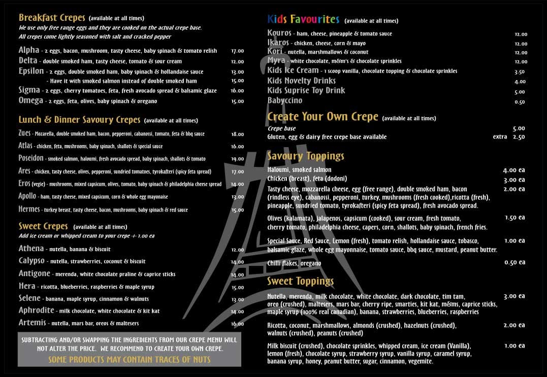 Menu at Crepe House Cafe, Earlwood