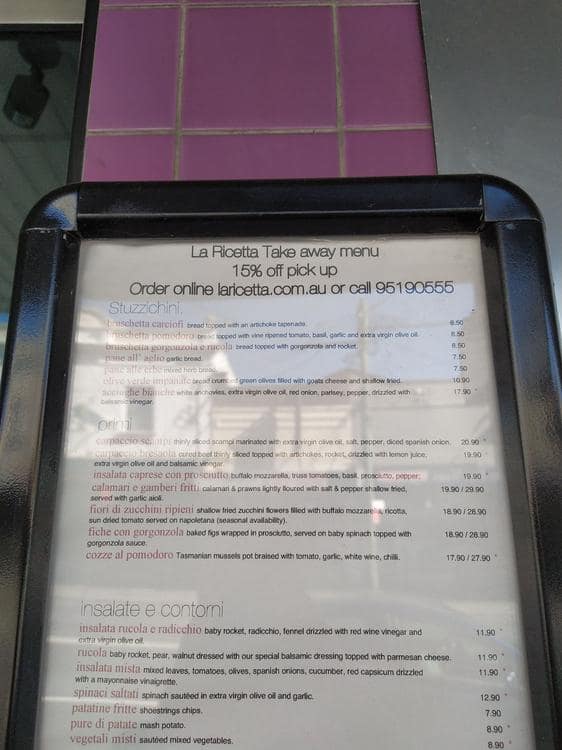 Carta del restaurante La Ricetta Ristorante Italiano, Enmore