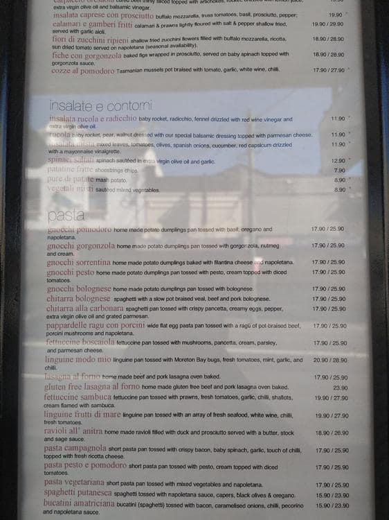 Carta del restaurante La Ricetta Ristorante Italiano, Enmore