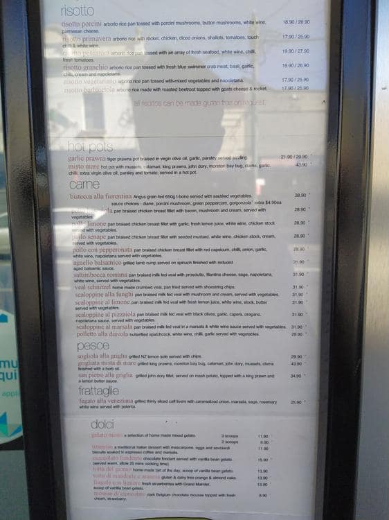 Carta del restaurante La Ricetta Ristorante Italiano, Enmore