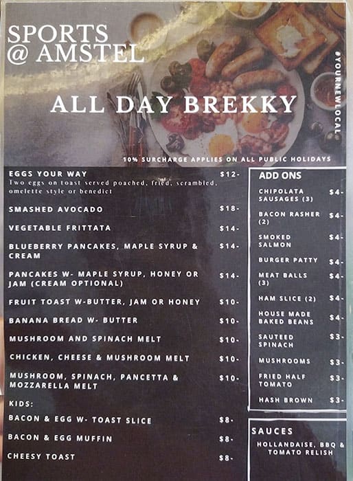 Menu at Amstel Club, Cranbourne