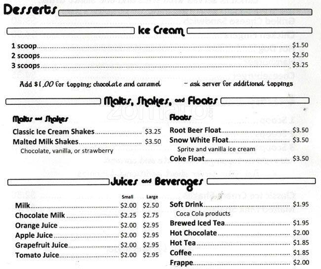 Menu at Daddy O's Diner restaurant, Itasca