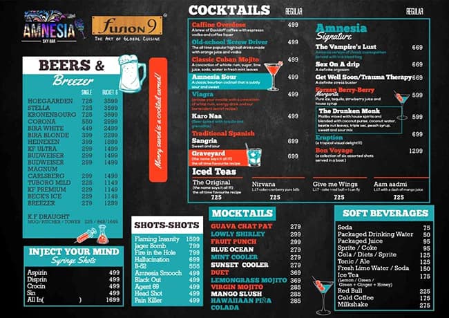 Amnesia Sky Bar Menu, Menu for Amnesia Sky Bar, Hitech City, Hyderabad ...