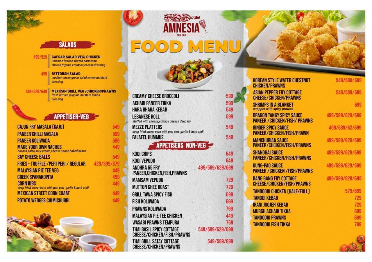 Menu of Amnesia Sky Bar, Hitech City, Hyderabad